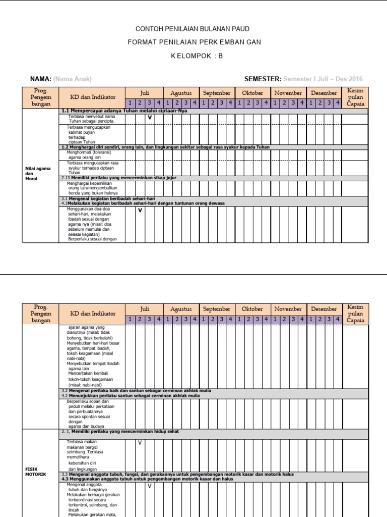 Contoh Penilaian Bulanan Paud | PDF