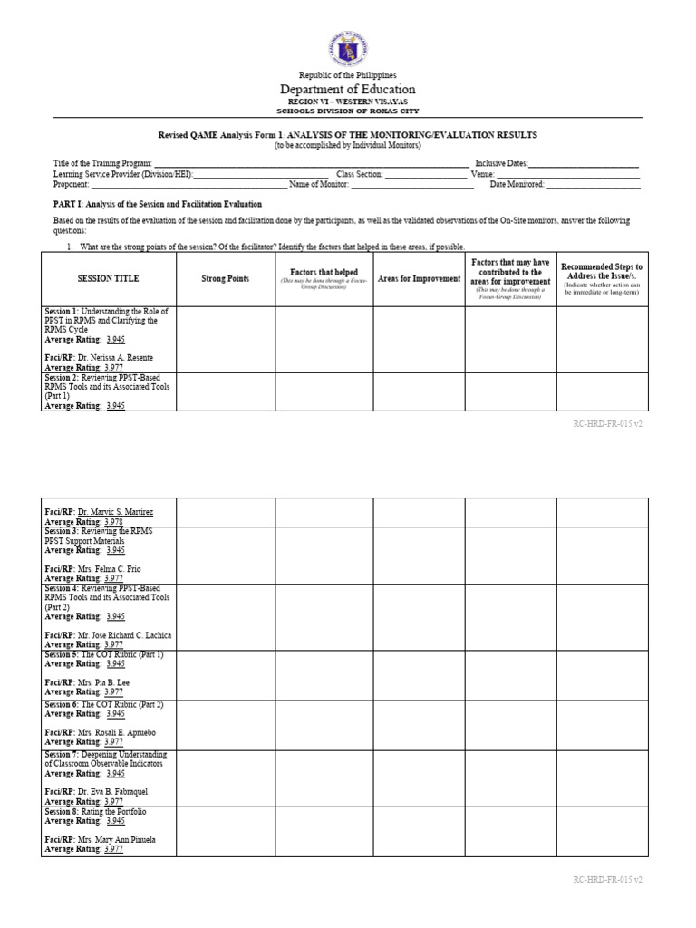 RC-HRD-FR-015 QAME Form 1 Analysis of The M&E Results | PDF
