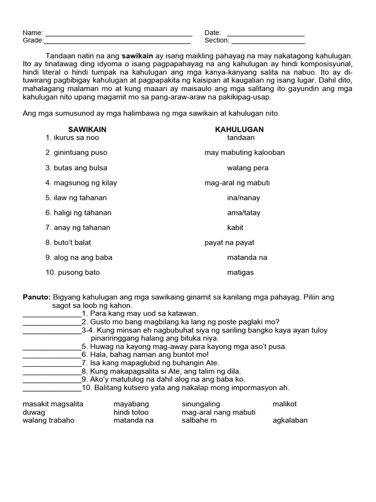 Grade-6-Q1-FILIPINO-LAS-Week-3 | PDF