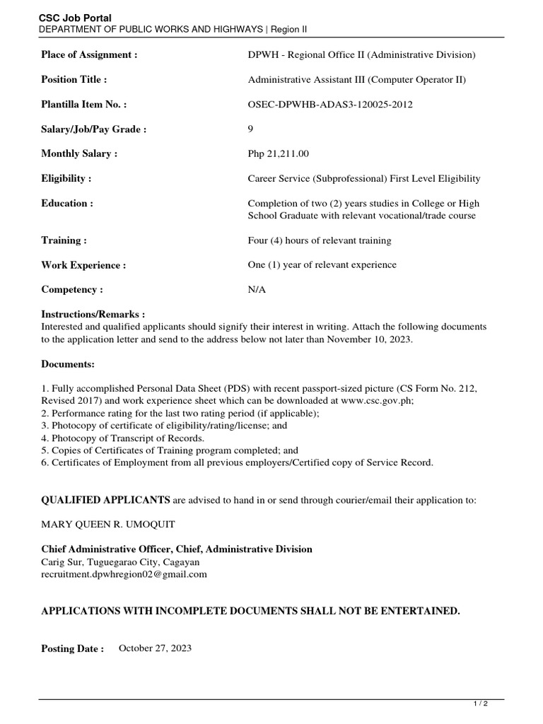 Department of Public Works and Highways-Administrative Assistant III ...