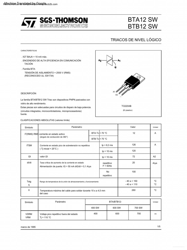 BTB12-400SW - STMicroelectronics TRADUCCION | PDF | Ingenieria Eléctrica | Cantidades fisicas