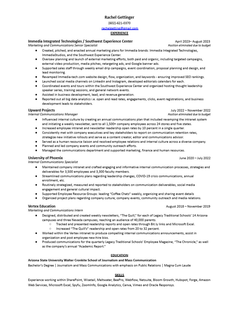Rachel Gettinger Resume Jan 2024 | PDF | Advertising | Communication