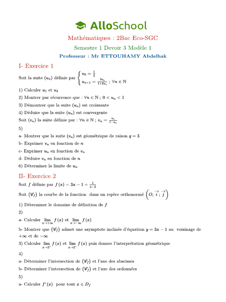 Math 2bac Eco SGC Semestre 1 Devoir 3 Modele 1 | PDF