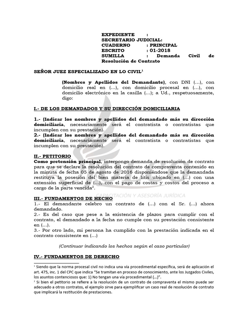 Modelo de Demanda Civil de Resolución de Contrato | PDF | Demanda ...