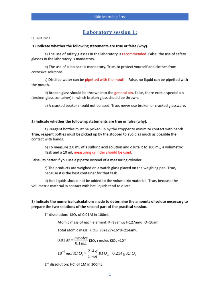 Questions 1st Lab Session | PDF | Chemistry | Physical Sciences