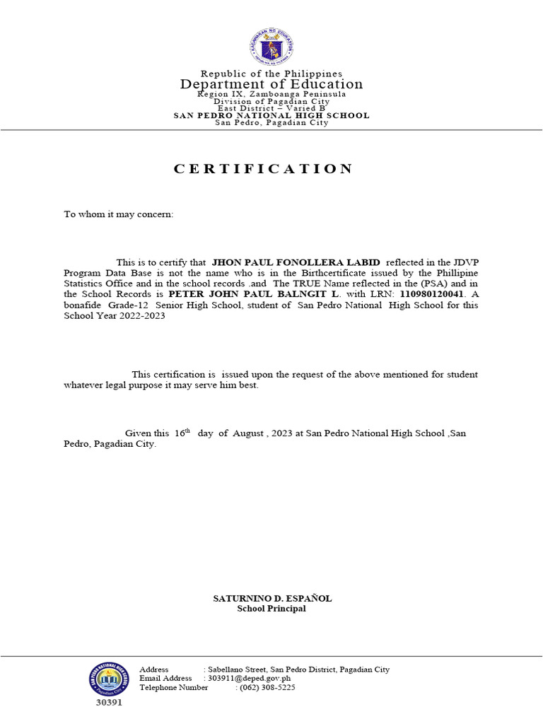 SPNHS Official-School-Header certificate of JUSTIFICATION | PDF