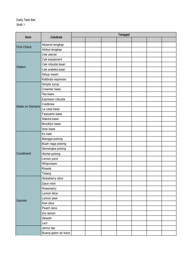 Daily Task Bar - Shift 1 | PDF