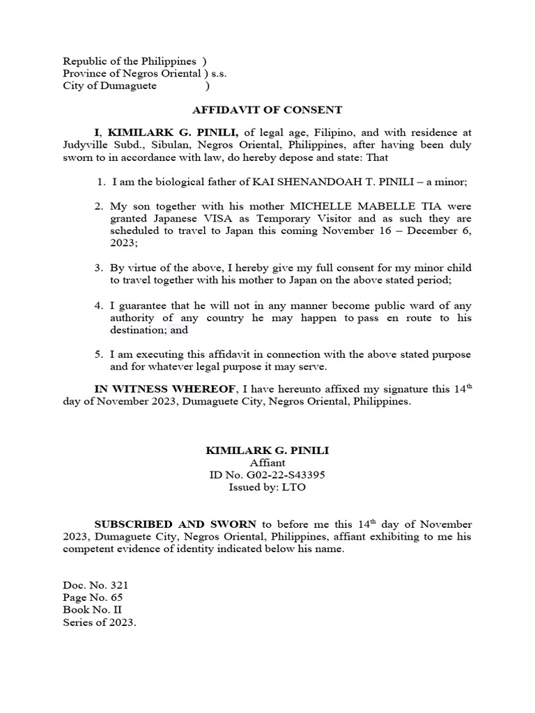 Affidavit of Consent for Child's Travel | PDF