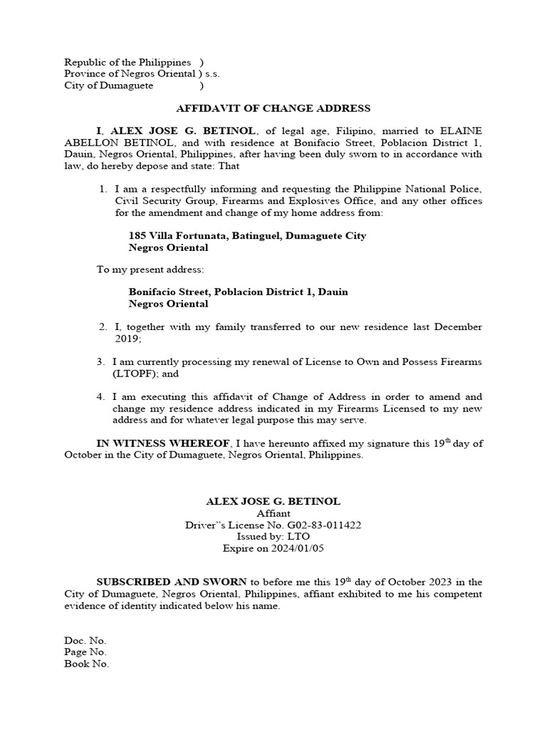 Affidavit of Change Address | PDF