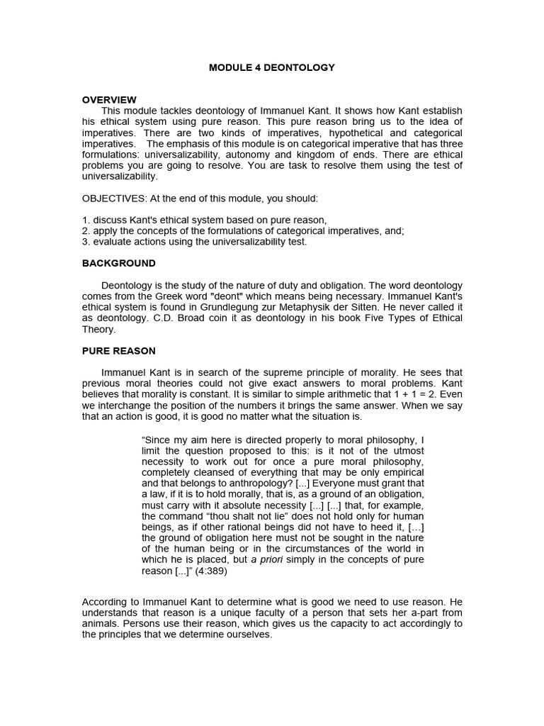 Module 4 Deontology | PDF | Reason | Ethical Theories