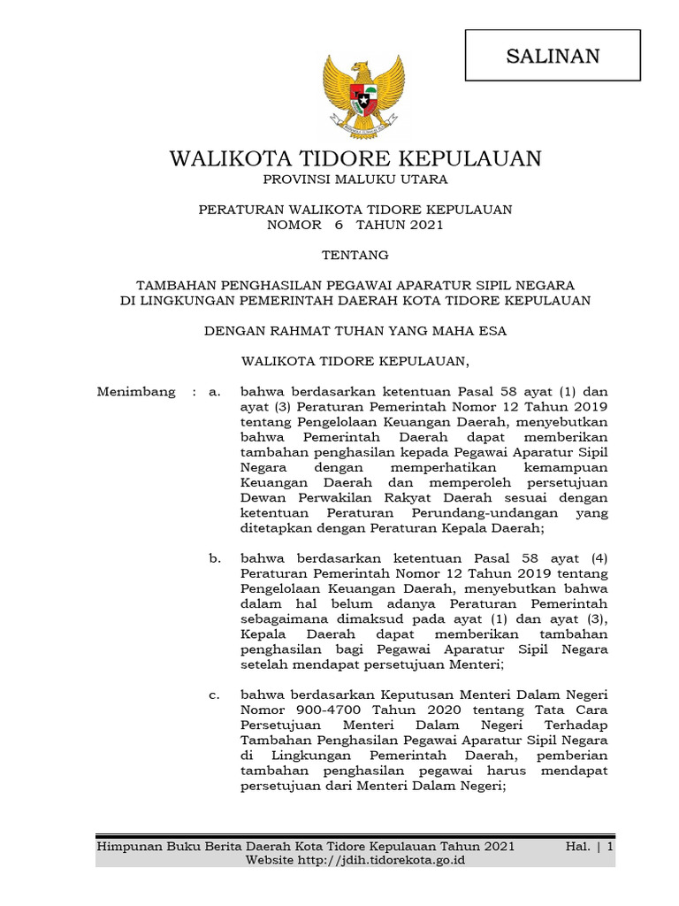 Perwali - No. 6 2021 - TPP ASN Kota Tikep | PDF