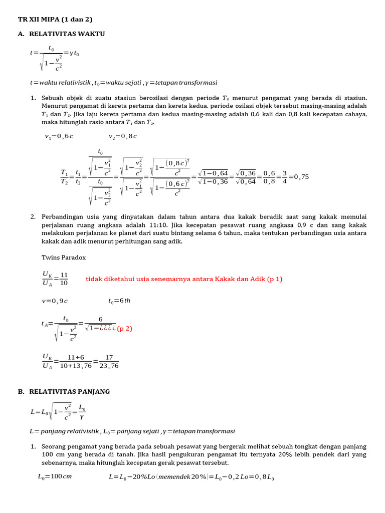 TEORI RELATIVITAS XII MIPA (1 dan 2) | PDF