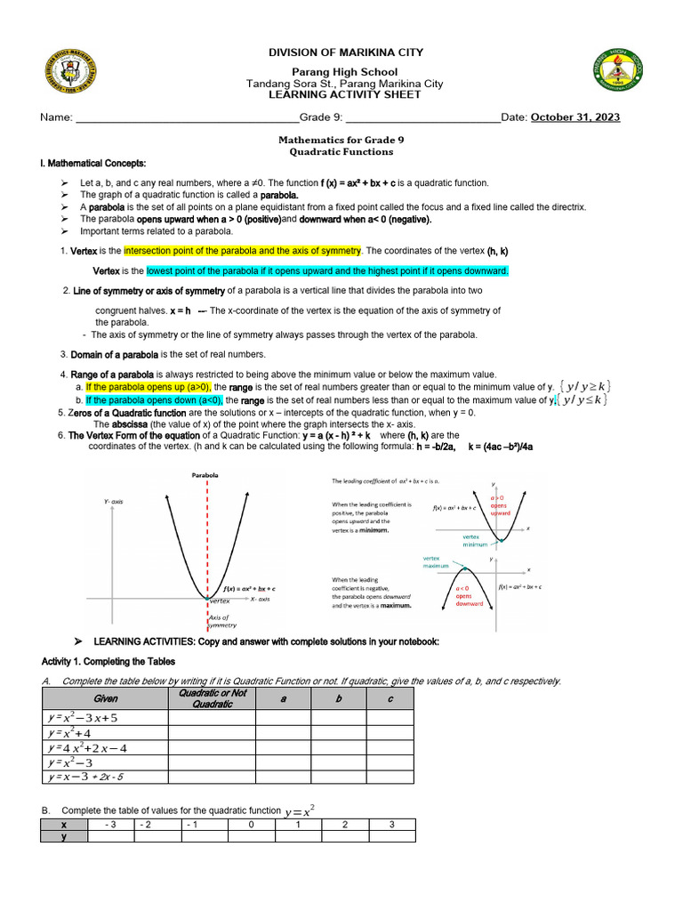 G9 Math LAS On Quadratic Functions | PDF