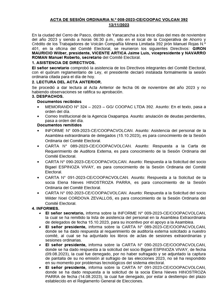 Acta de Sesión Ordinaria #008-13-11-2023 | PDF | Gobierno