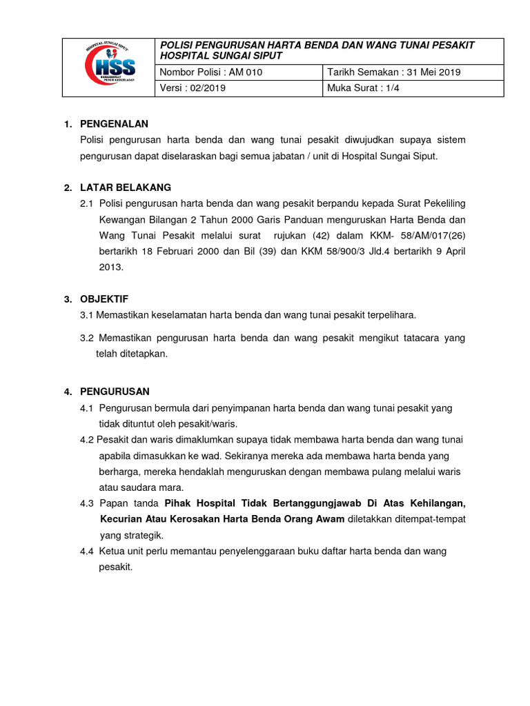 AM010_Polisi Pengurusan Harta Benda Wang Tunai Pesakit | PDF AM010_Polisi Pengurusan Harta Benda Wang Tunai Pesakit | PDF