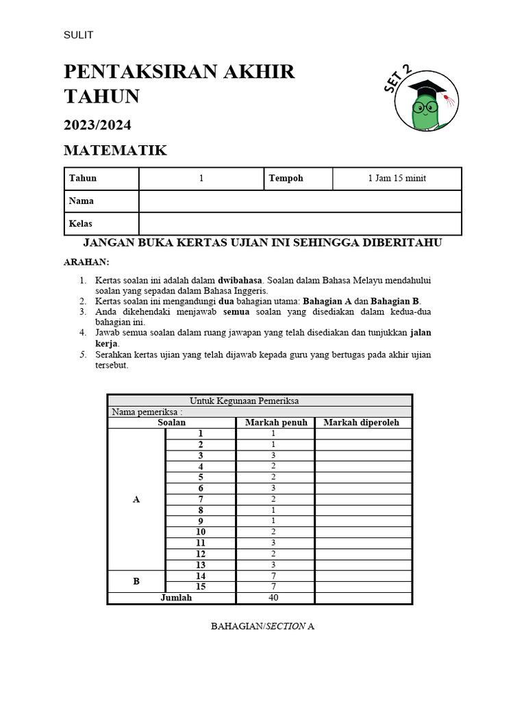 Pset 2 Tahun 1 Matematik | PDF
