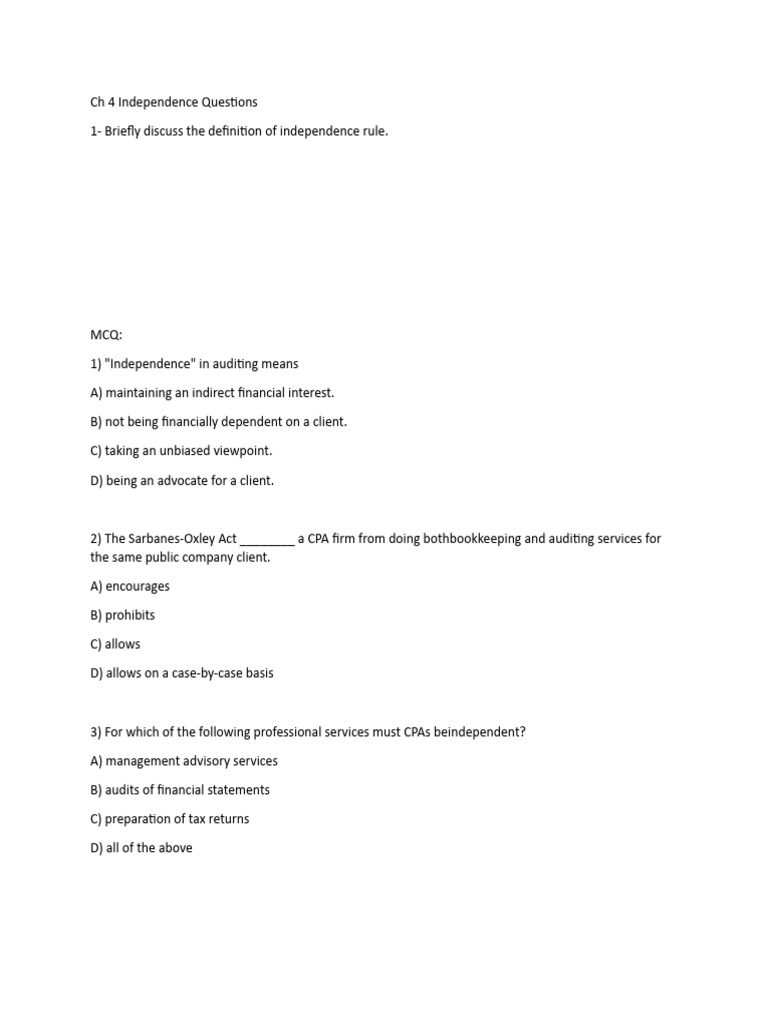 CH 4 Independence Questions | PDF | Certified Public Accountant | Audit