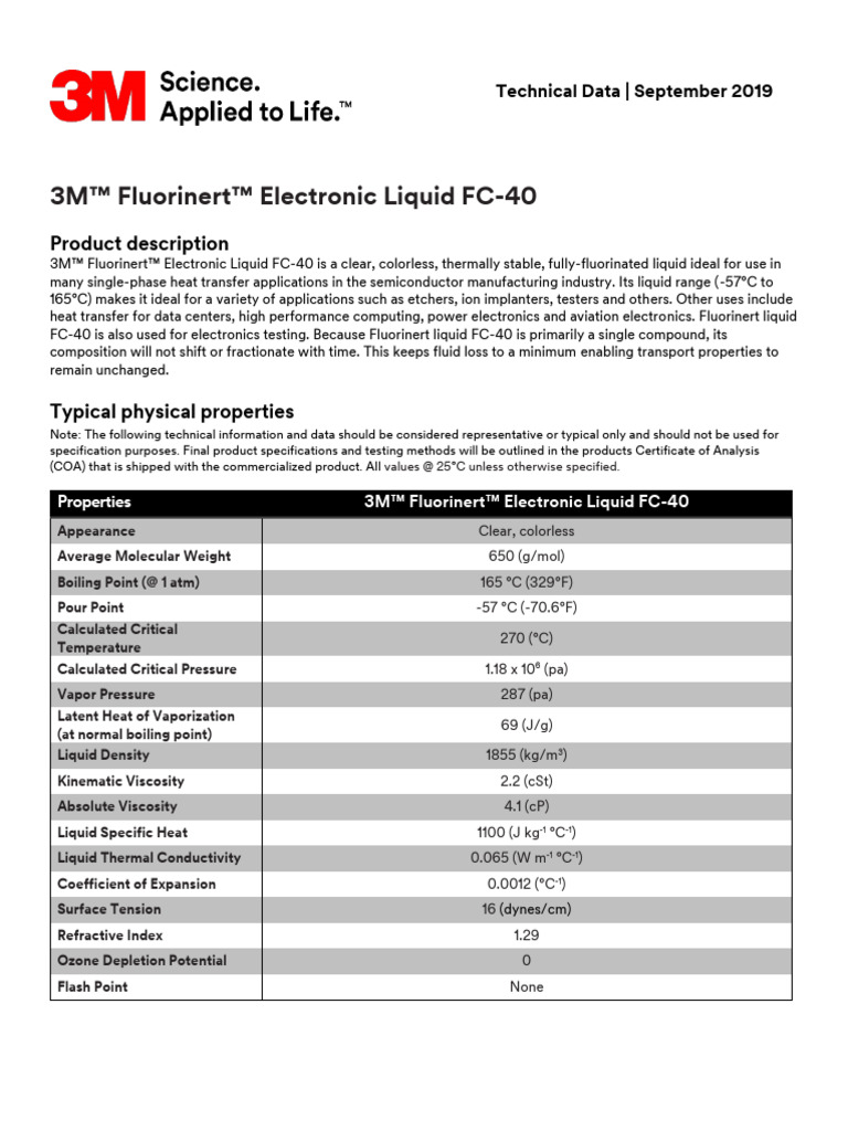 3M Fluorinert Electronic Liquid FC-40 TDS - FINAL | PDF | Liquids ...