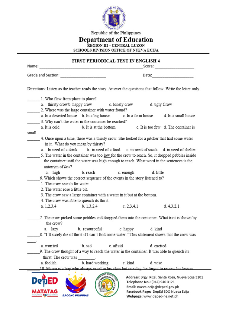 English 4 - First Quarter Exam | PDF | Noun | Plural