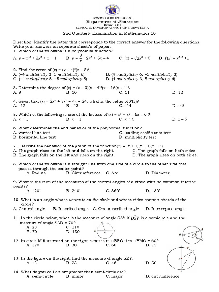 2nd Quarter Examination in Mathematics 10 | PDF | Circle | Angle