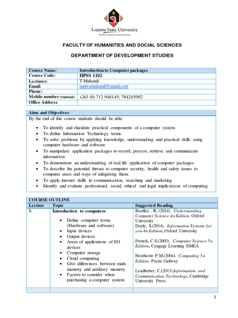 Course Outline Introduction To Computers HPSS 1102 | PDF | Computing | Application Software