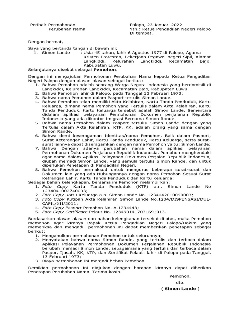 Permohonan Ganti Nama Simon Lande | PDF | Hukum