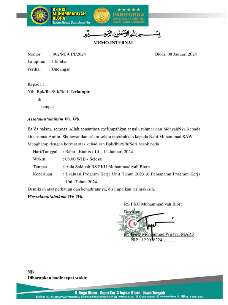 Undangan Evaluasi Proker 2023 & Pemaparan Program Kerja Unit Tahun 2024 | PDF
