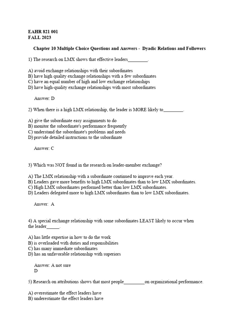 Chapter 10 Multiple Choice Questions | PDF | Leadership | Organizational Behavior