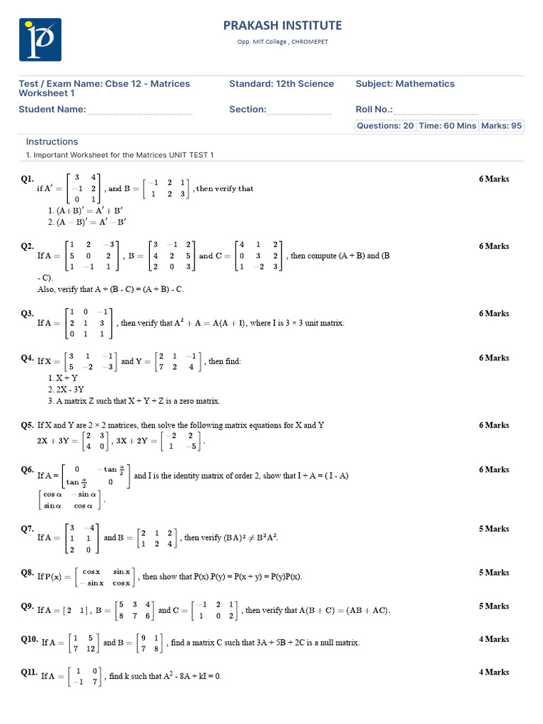 Class 12 Matrices Worksheet with Answers | PDF | Matrix (Mathematics ...