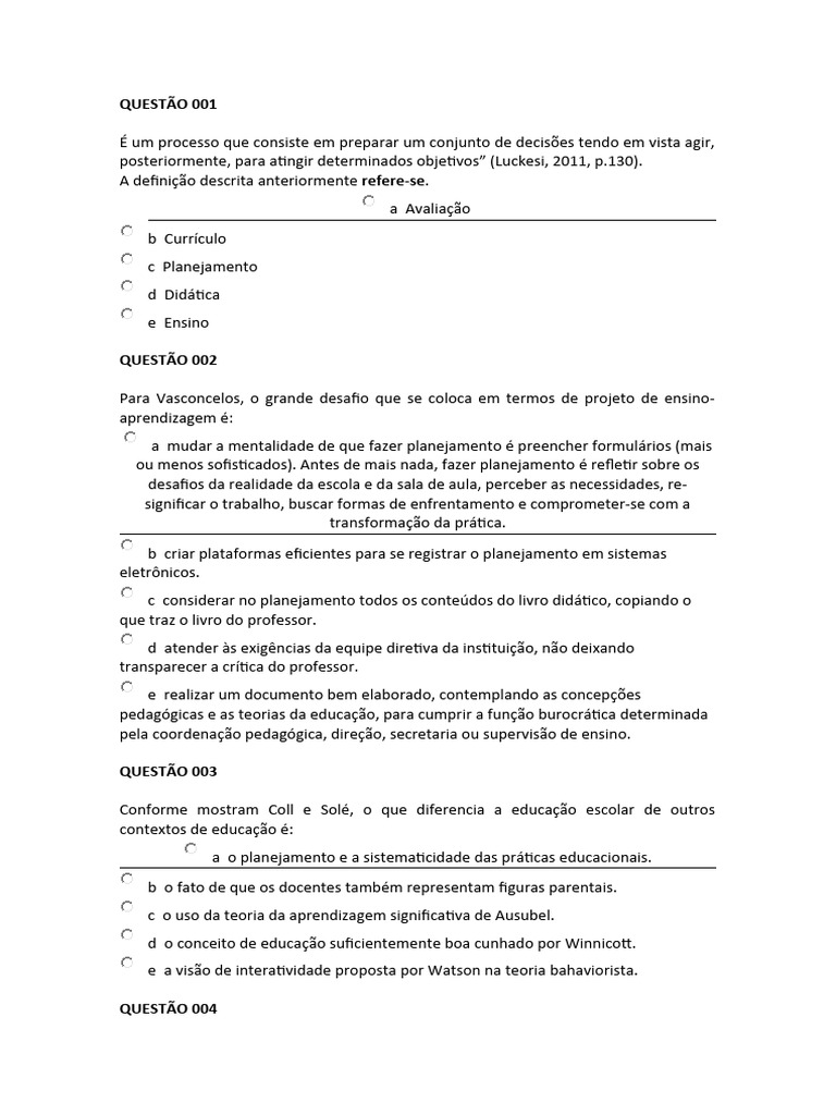 Questões sobre Planejamento Educacional | PDF