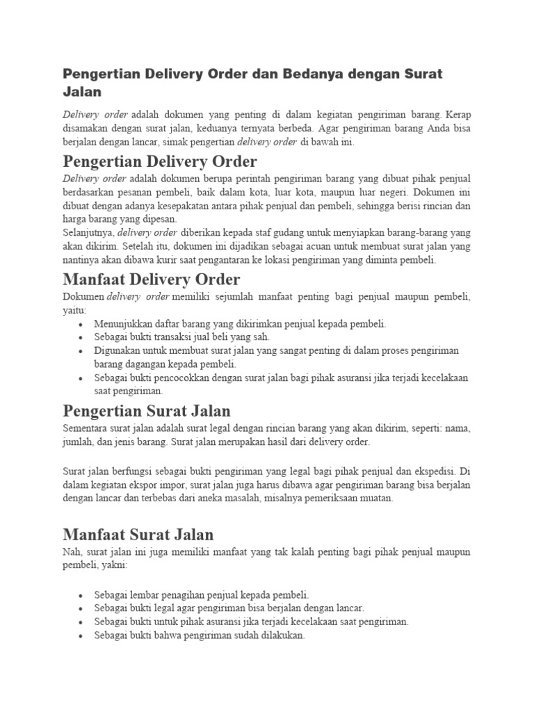 Perbedaan Delivery Order dan Surat Jalan | PDF