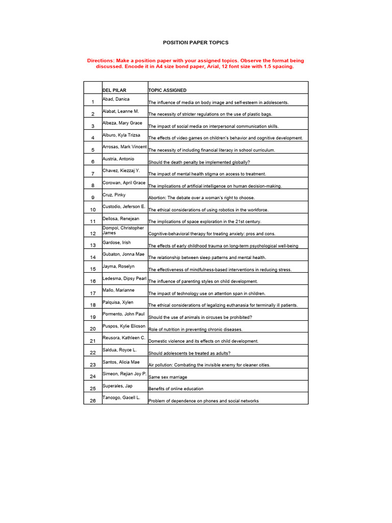 Position Paper Topics | PDF