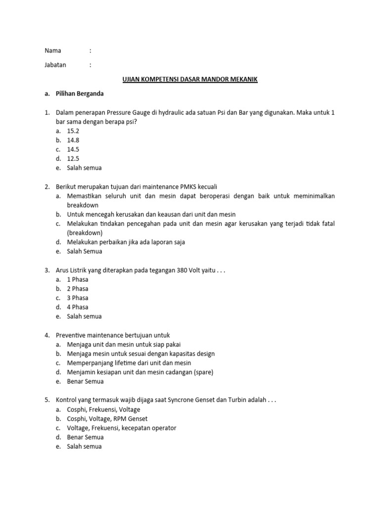 Soal Kompetensi Dasar Mandor MTC | PDF | Teknologi & Rekayasa