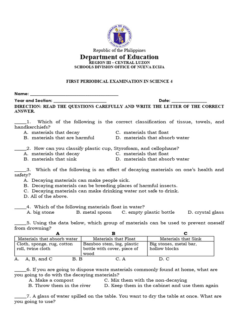 1st Quarter Test - Grade 4 Science | PDF | Mixture | Waste