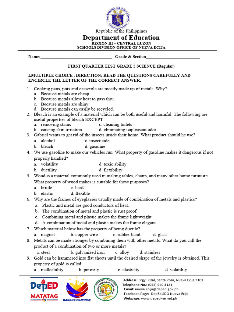 1st Quarter Test - Grade 5 Science | PDF
