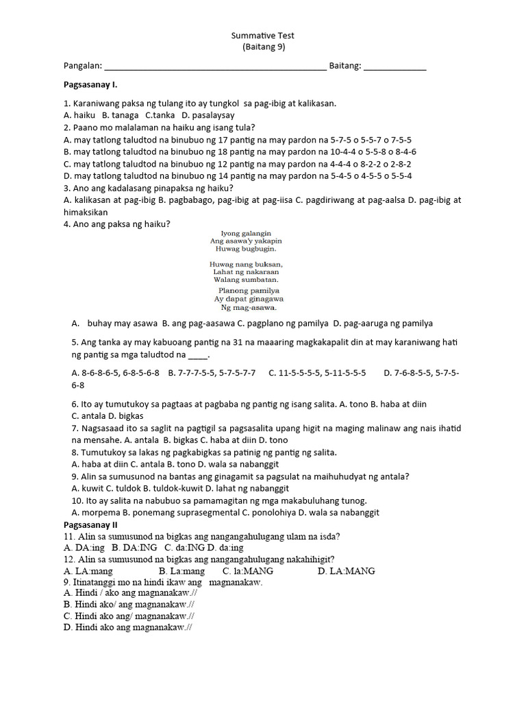 Q2 SUMMATIVE Fil 9 | PDF