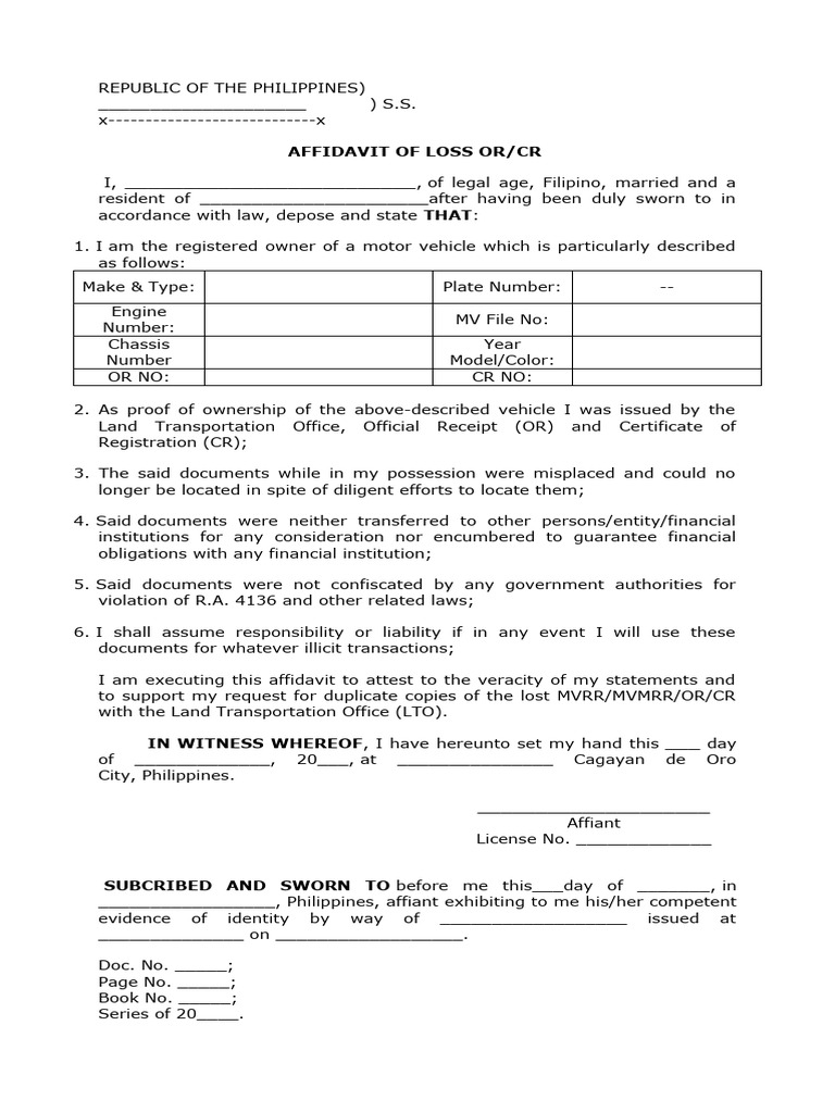 Affidavit of Loss or CR Sample | PDF