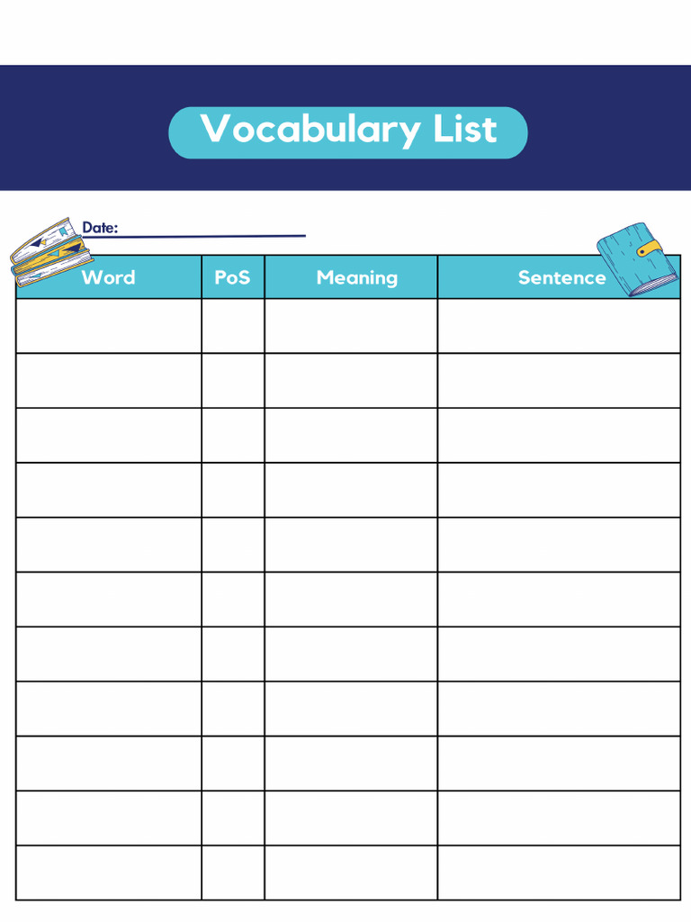 Language Arts Vocabulary List Worksheet in White and Blue Table Style | PDF