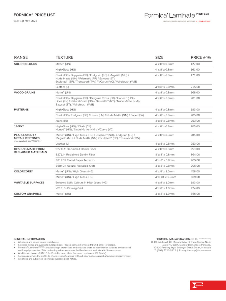 Formica Price List Malaysia 2022 | PDF | Building Materials | Building ...