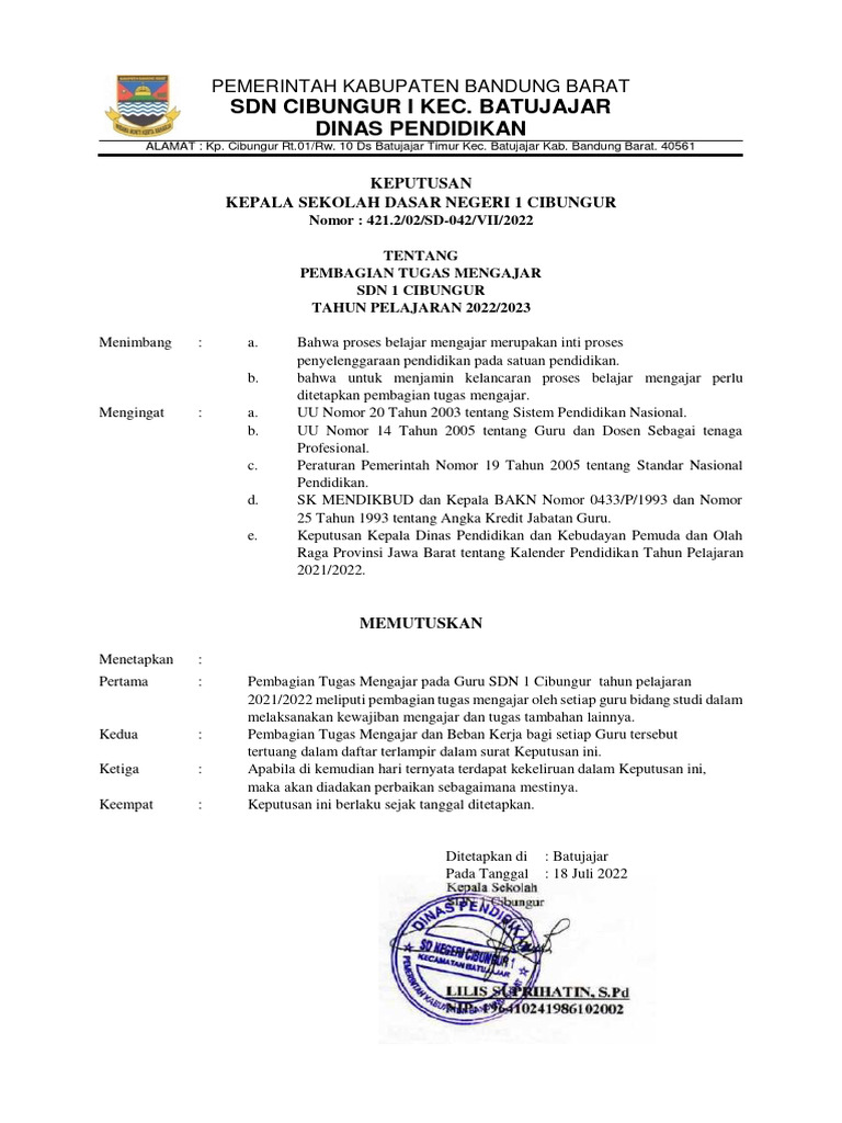 30.2. SK Pembagian Tugas Mengajar 2022-2023 - Scan | PDF