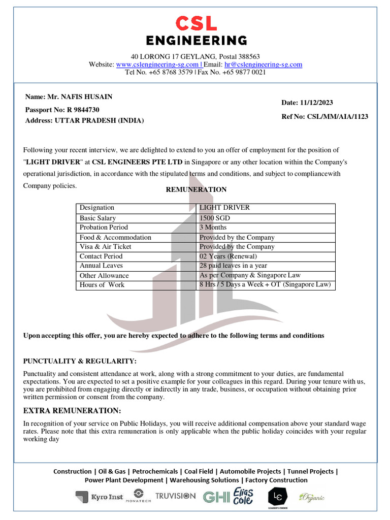 CSL ENGINEERING OFFER LETTER OF Mr. NAFIS HUSAIN | PDF