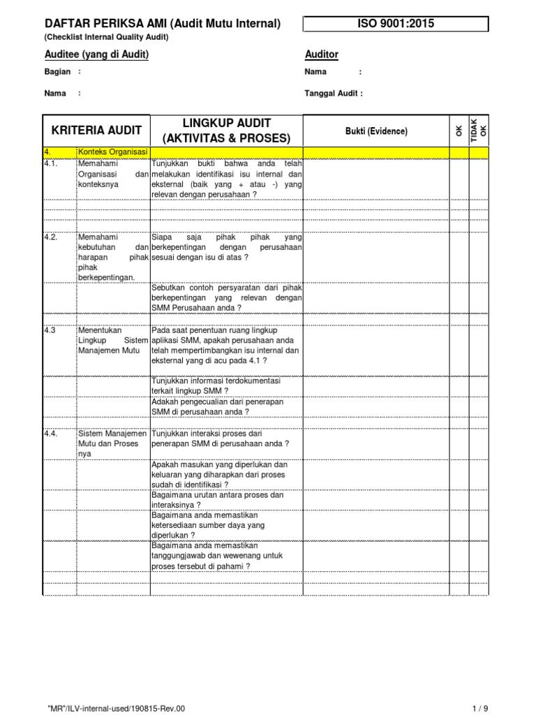 Check List Audit 9001 - 2015 Rev00 | PDF