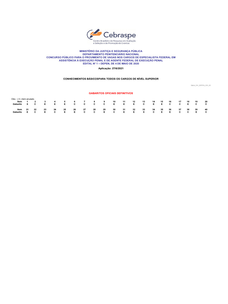 Cespe Cebraspe 2021 Depen Cargo 4 Odontologia Gabarito | PDF Cespe Cebraspe 2021 Depen Cargo 4 Odontologia Gabarito | PDF