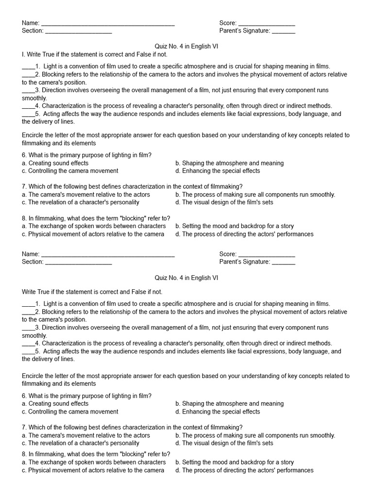 Film Elements Quiz for Students | PDF | Affect (Psychology) | Actor