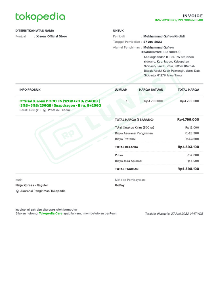 Invoice Pembelian Xiaomi POCO F5 | PDF
