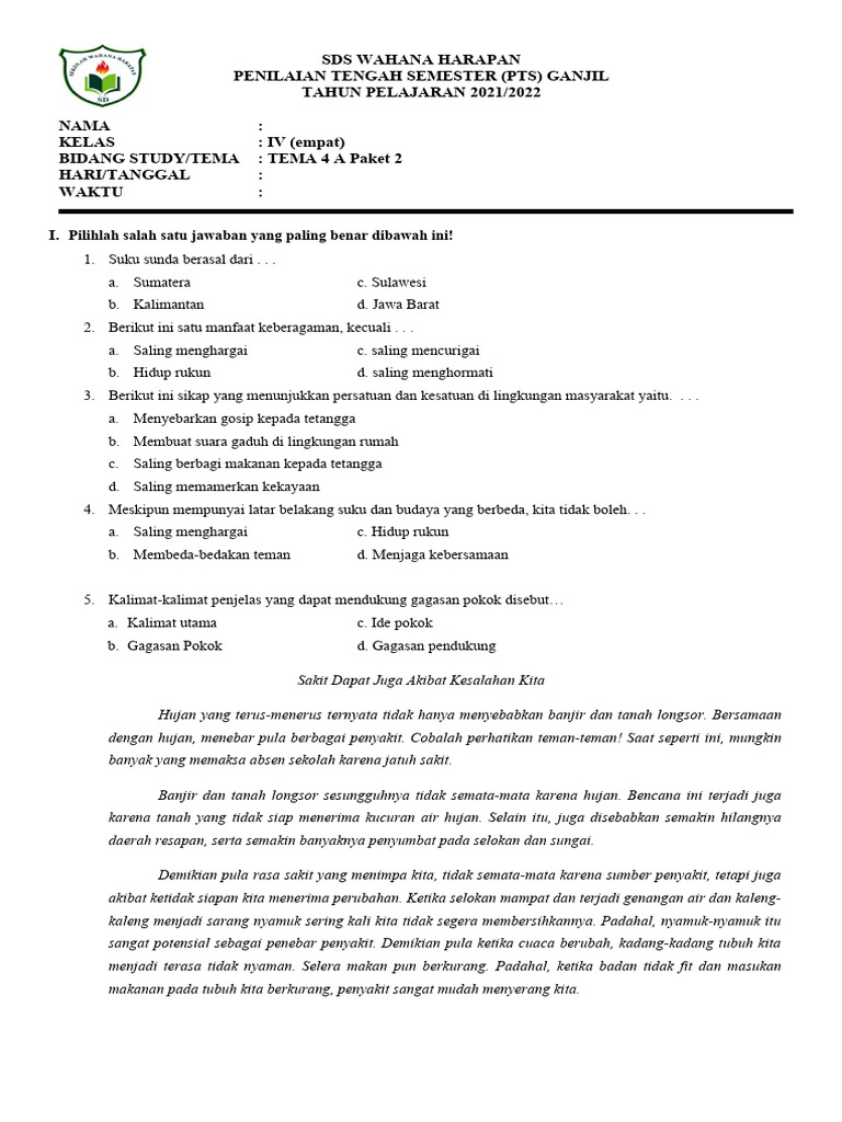 Soal Pas Tema 4a Paket 2 | PDF