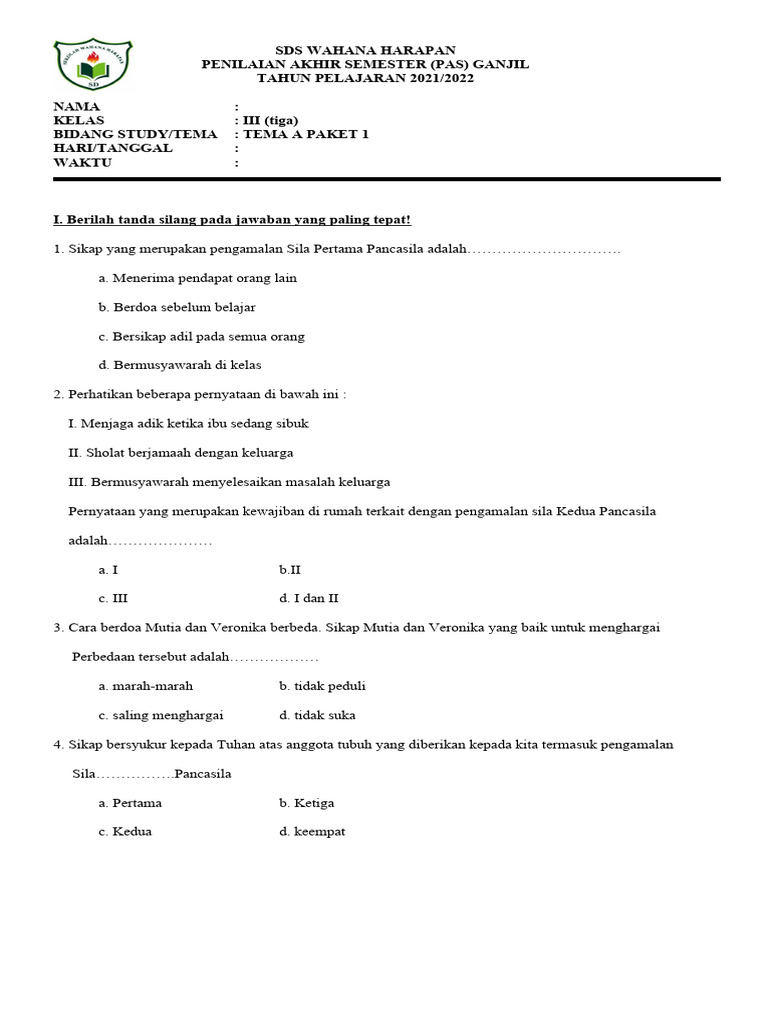 Soal Pas Tema 3a Paket 1 | PDF