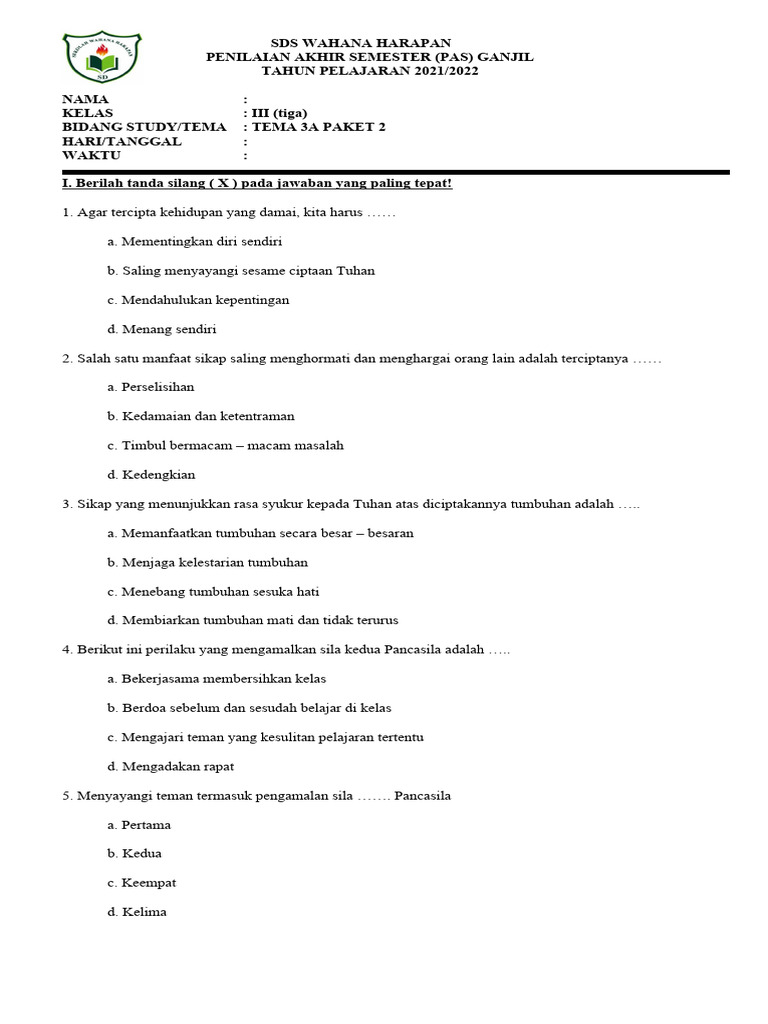 Soal Pas Tema 3a Paket 2 | PDF | Metode & Bahan Ajar | Griya & Taman