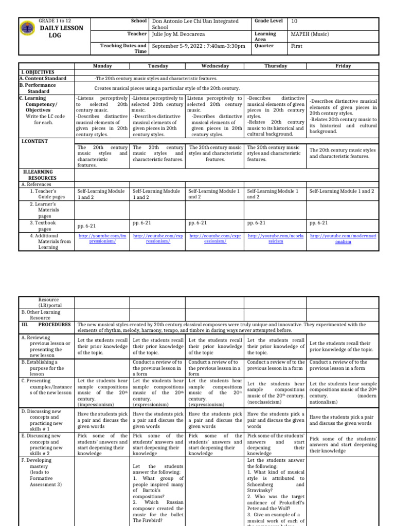 Grade 10 MAPEH: 20th Century Music Lessons | PDF
