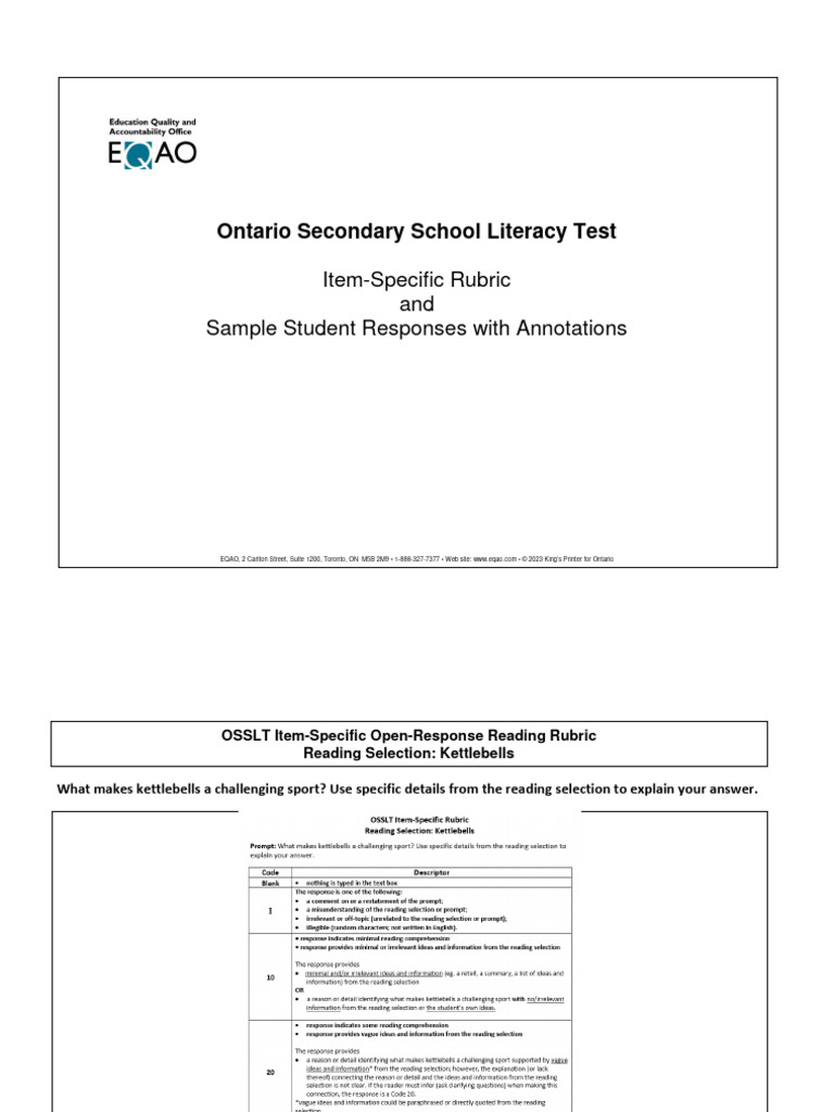 OSSLT Item-Specific Open-Response Reading Rubric Kettlebell | PDF